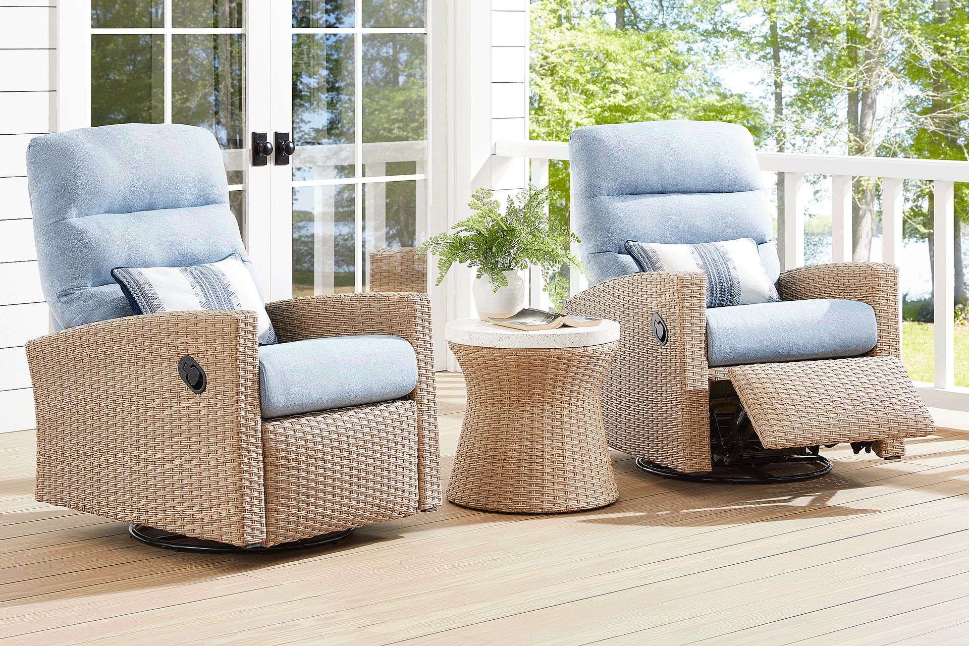 Ria Natural Light Wood Blue Wicker Outdoor 2 Pc Gliding,Reclining Chair ...